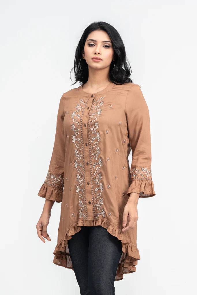Women's Fashion tops : Caramel Brown & Slate Gray | Yellow Clothing